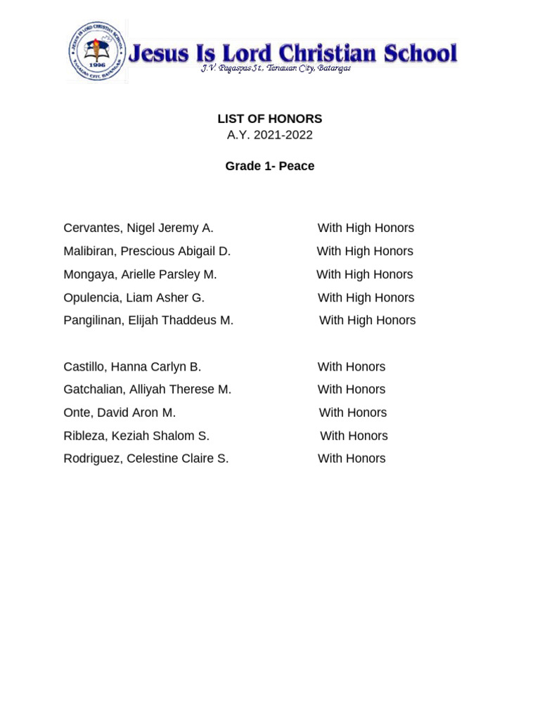 Grade 1 Peace List of Honors | PDF