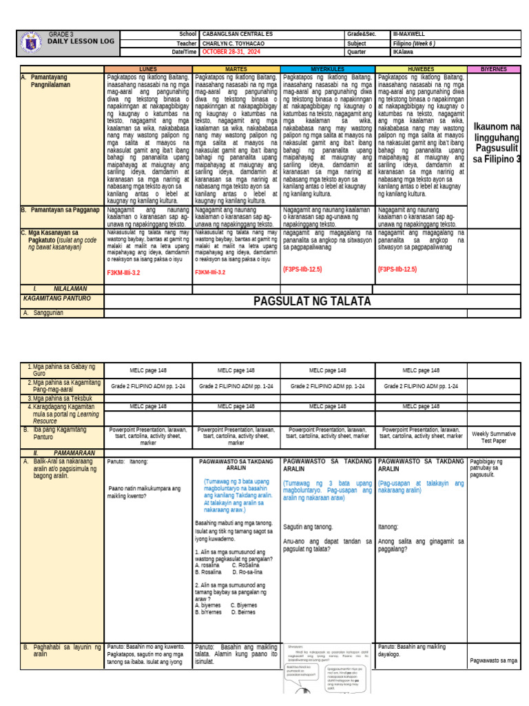 q2 DLL Filipino3 Week6 | PDF