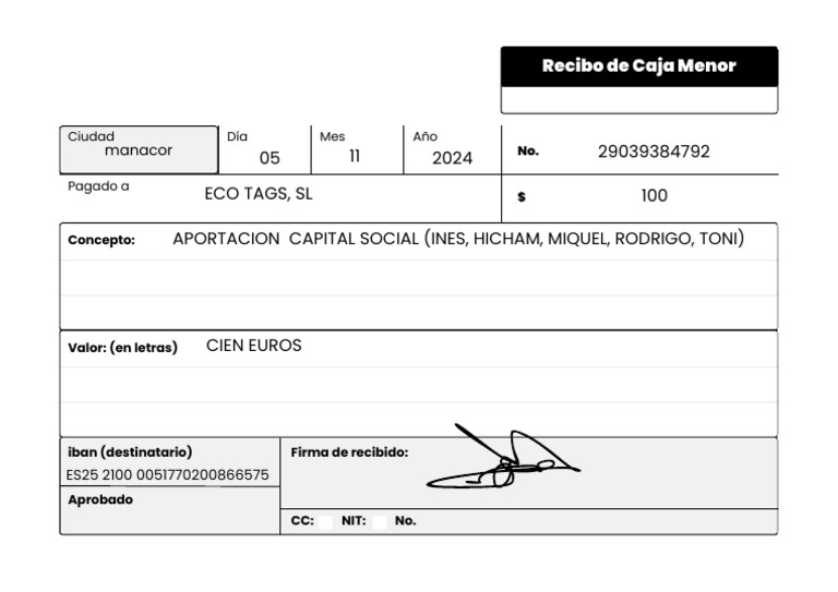 Recibo de Caja Menor Corporativo Simple Negro Blanco | PDF
