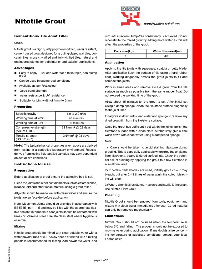 Nitotile Grout: Application Guide | PDF | Tile | Concrete