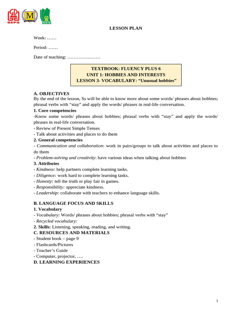 Fluency Plus 6 - Unit 1.3 - Vocabulary | PDF | Vocabulary | Phrase