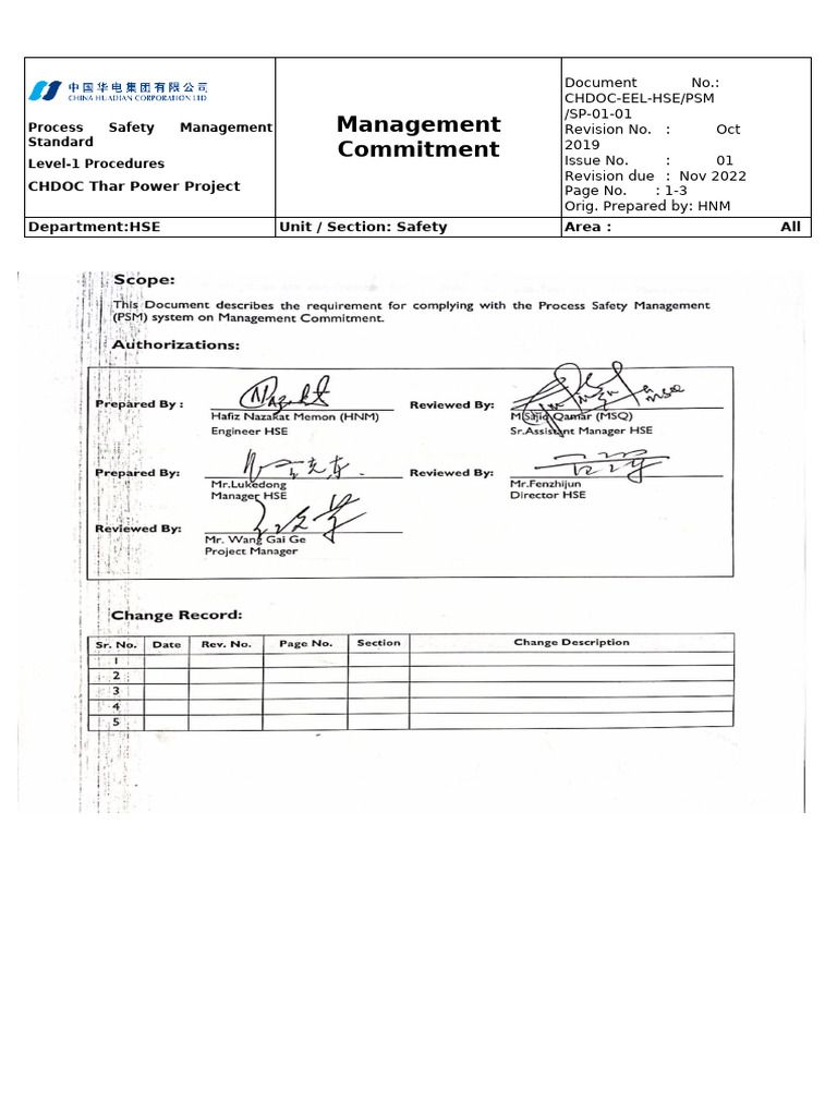 PSM 01 - Management Committment (Level 1 Document) | PDF | Safety | Reliability Engineering