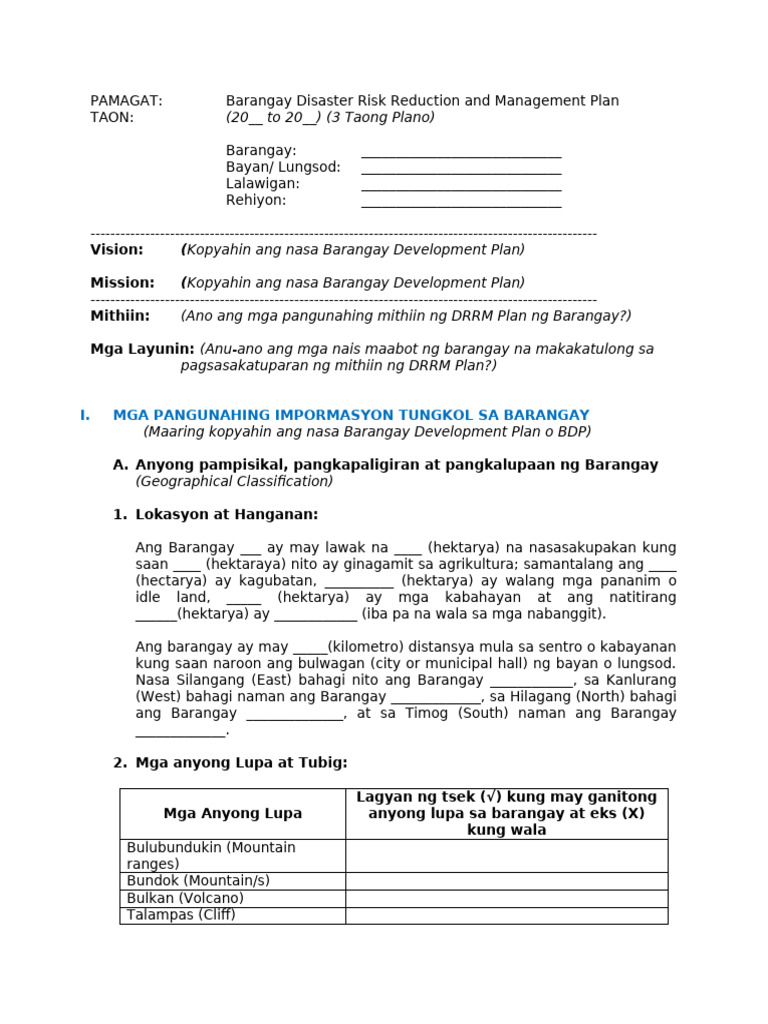 BDRRM Plan Template Filipino | PDF