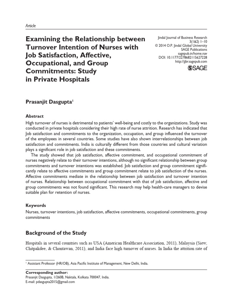 Examining The Relationship Between Turnover Intention of Nurses With Job Satisfaction, Affective ...