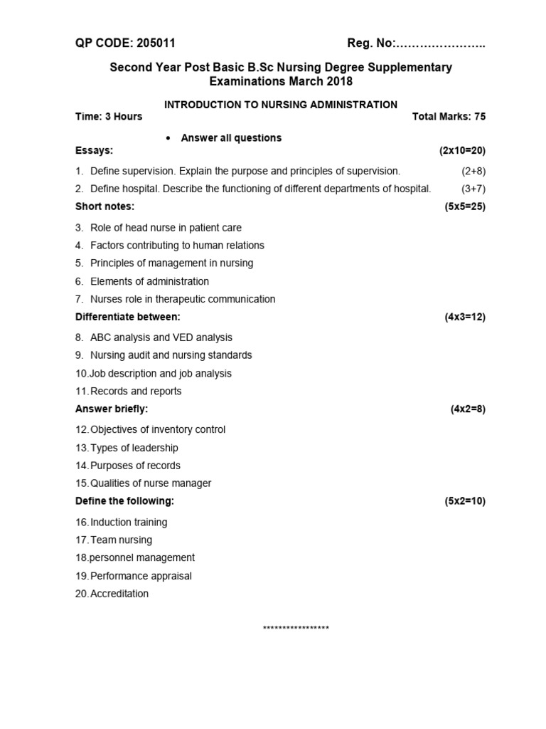 QP CODE: 205011 Reg. No: .. Second Year Post Basic B.SC Nursing Degree ...