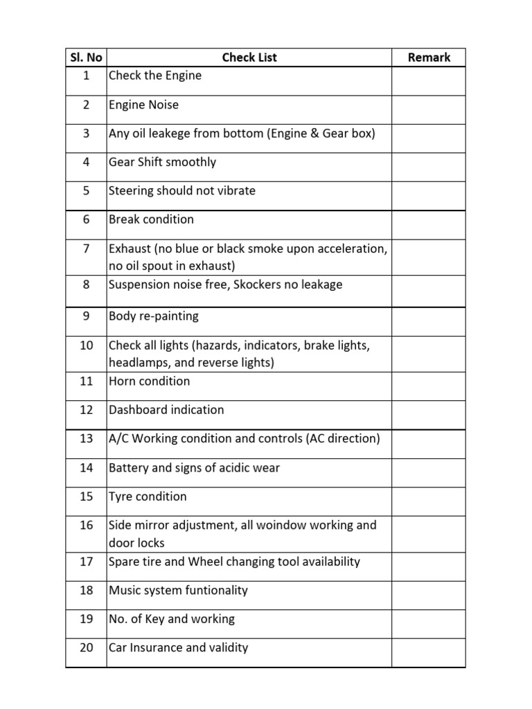 Car Check List | PDF | Technology & Engineering