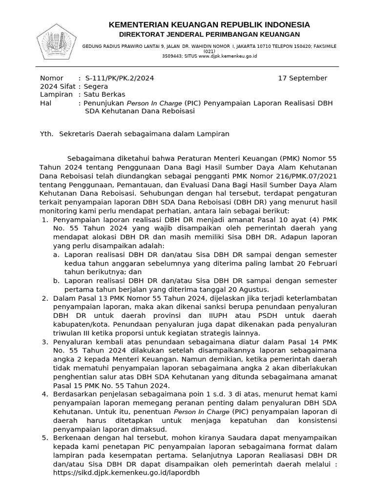 4 - Penunjukkan PIC Penyampaian Laporan DBH Dana Reboisasi | PDF