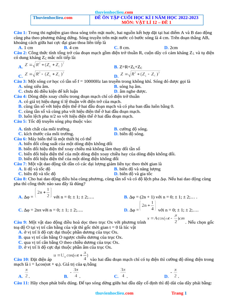 Bo de On Thi HK1 Vat Li 12 Nam 2022 2023 | PDF