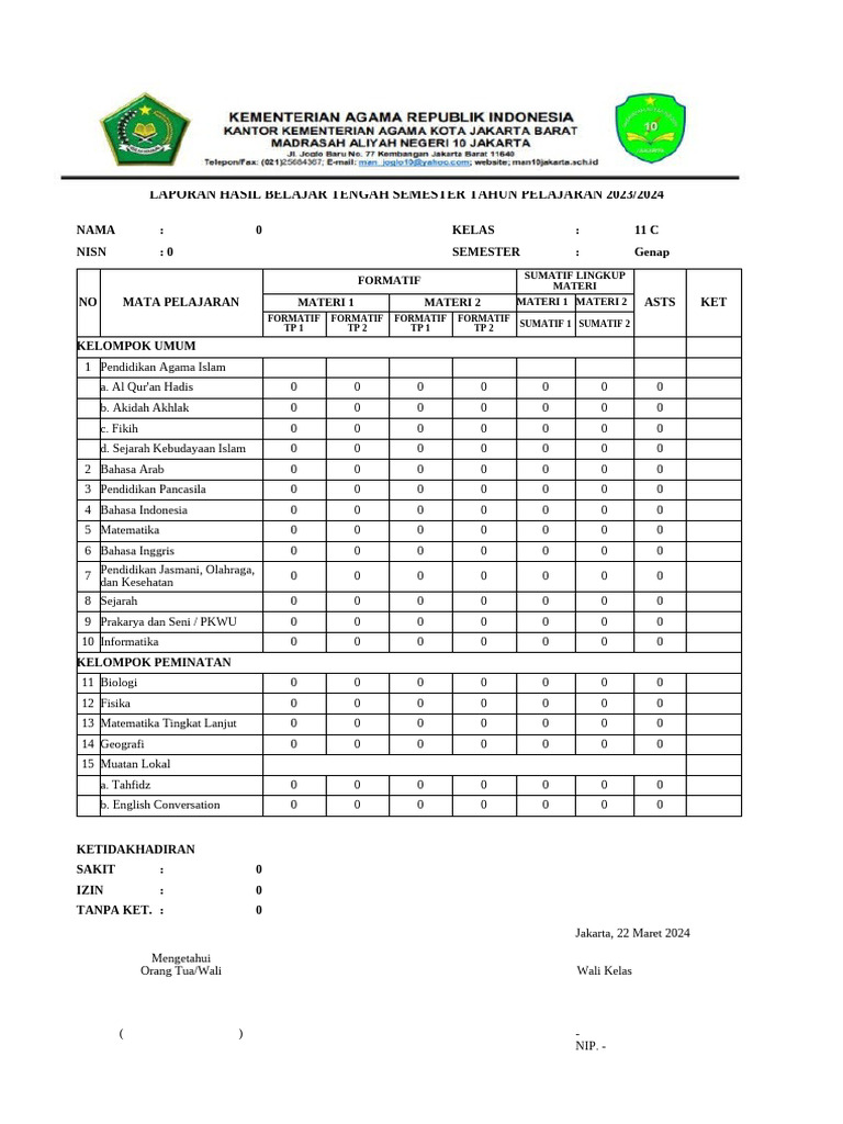 Format Rapot Asts Kelas 11c | PDF