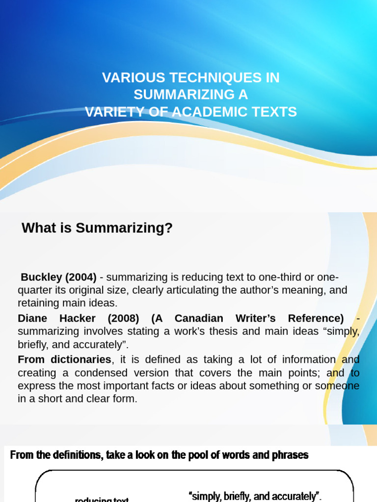 Various Techniques in Summarizing A | PDF | Little Red Riding Hood | Information