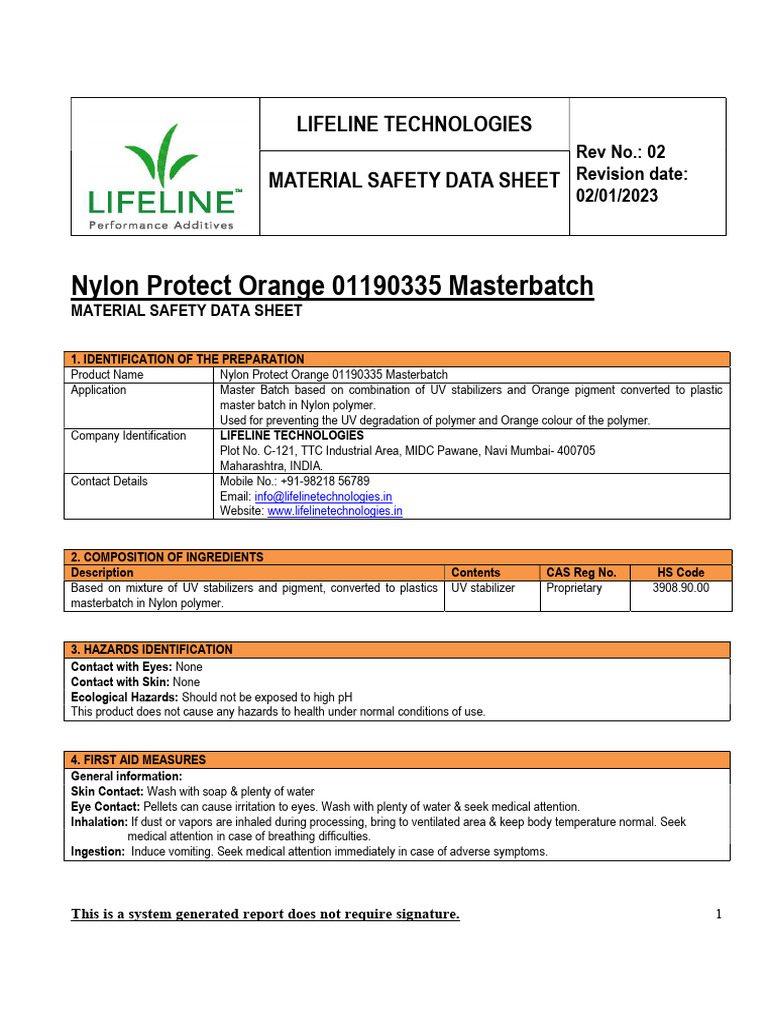 Nylon Protect Orange MSDS Report | PDF | Solubility | Plastic