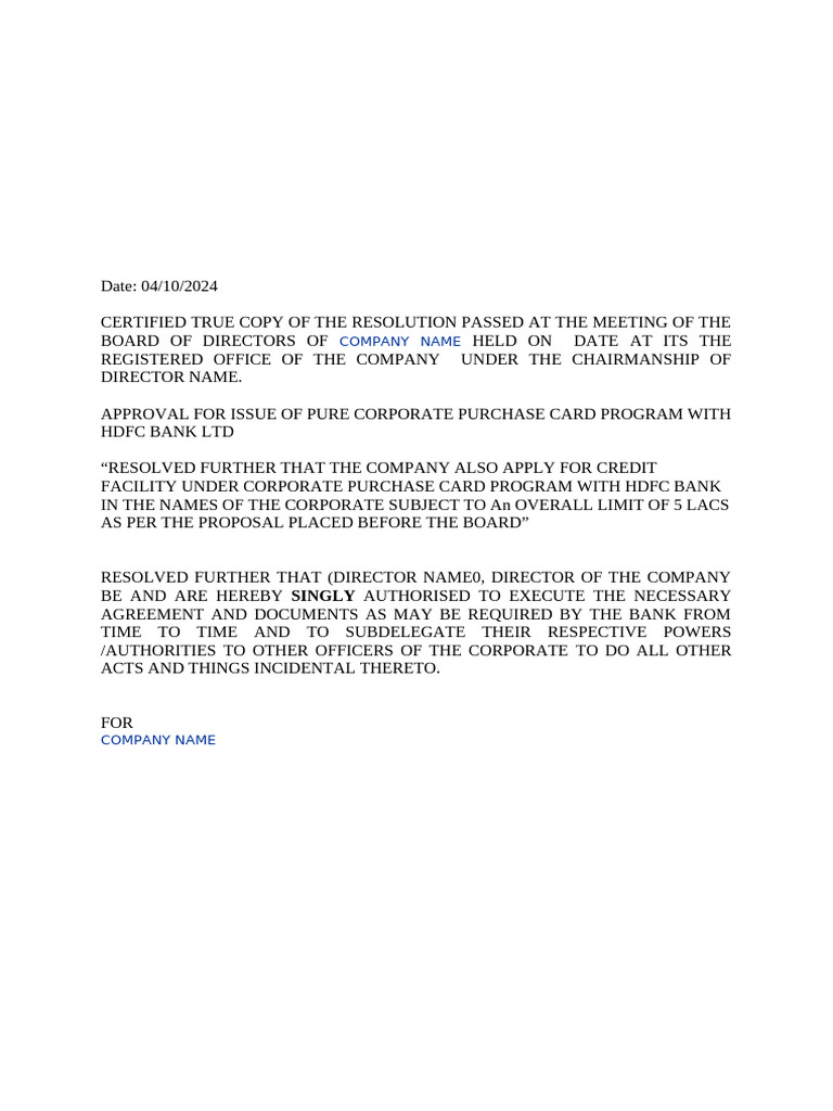 Board Resolution Format - Purchase Card | PDF