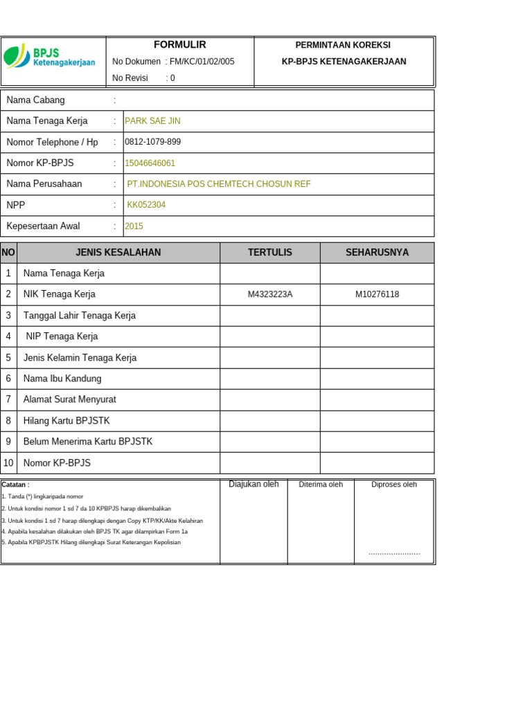 Formulir Koreksi & Penggabungan BPJS | PDF