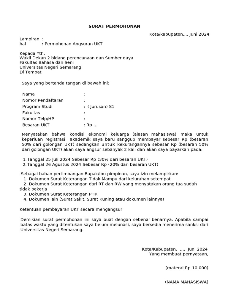 Surat Permohonan Angsuran Ukt | PDF | Hukum