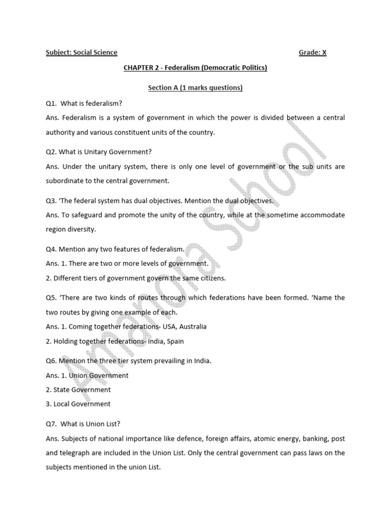 Grade X - DP - Question Bank - Federalism | PDF | Political Charters | Justice