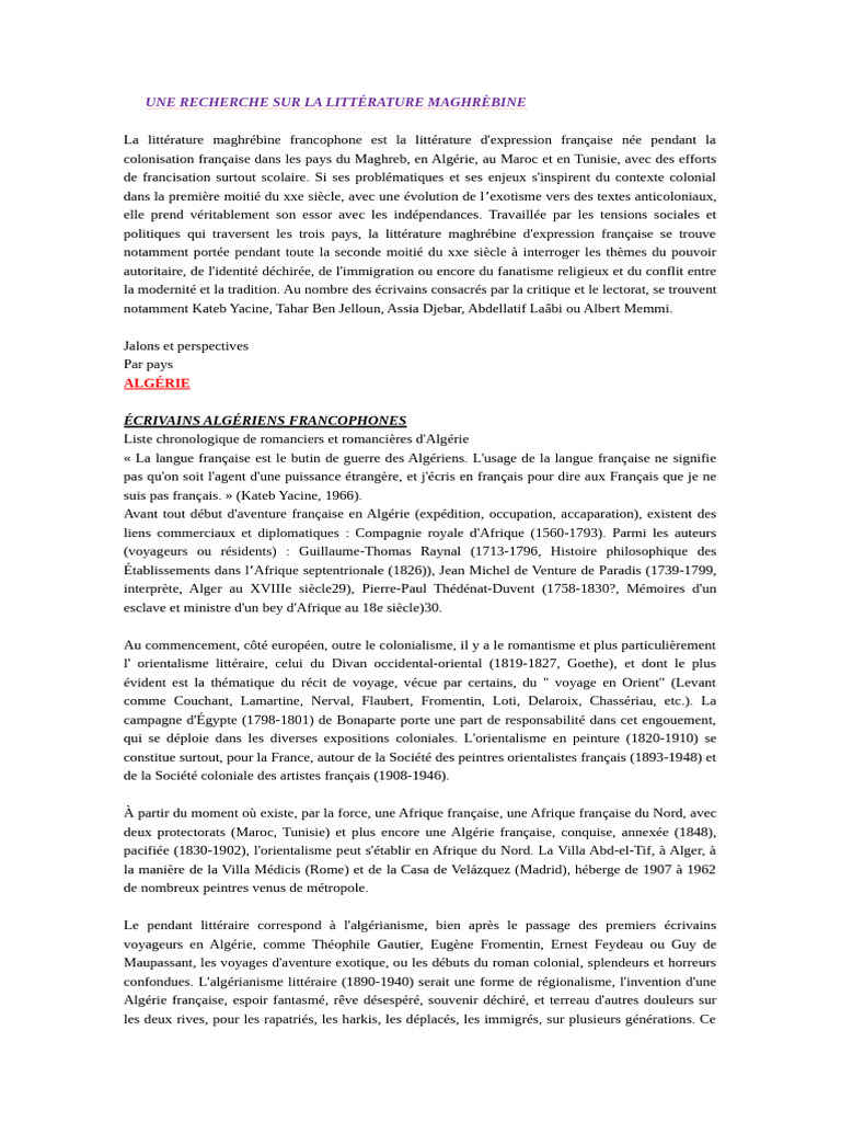 Exploration de la littérature maghrébine | PDF | Orientalisme | Algérie