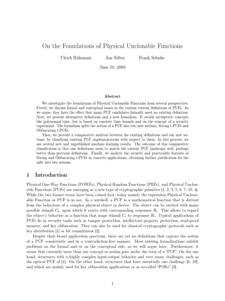Foundations of Physical Unclonable Functions | PDF | Public Key ...