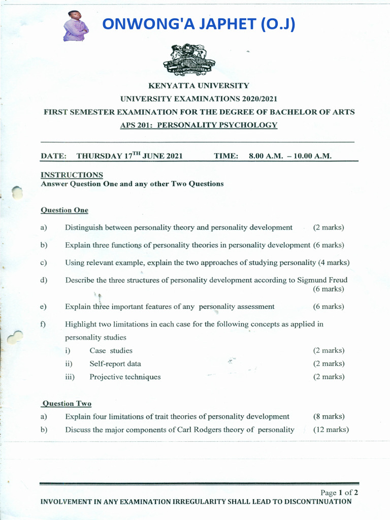 Aps201 Past P by Onwong'a Japhet | PDF | Personality Psychology | Psychology