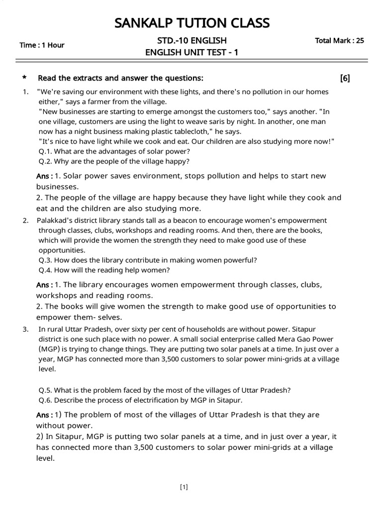 11th English Unit Test Sample Paper | PDF