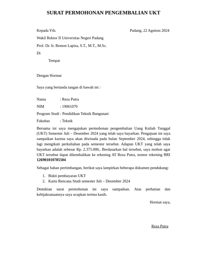 Surat Permohonan Pengembalian Ukt | PDF