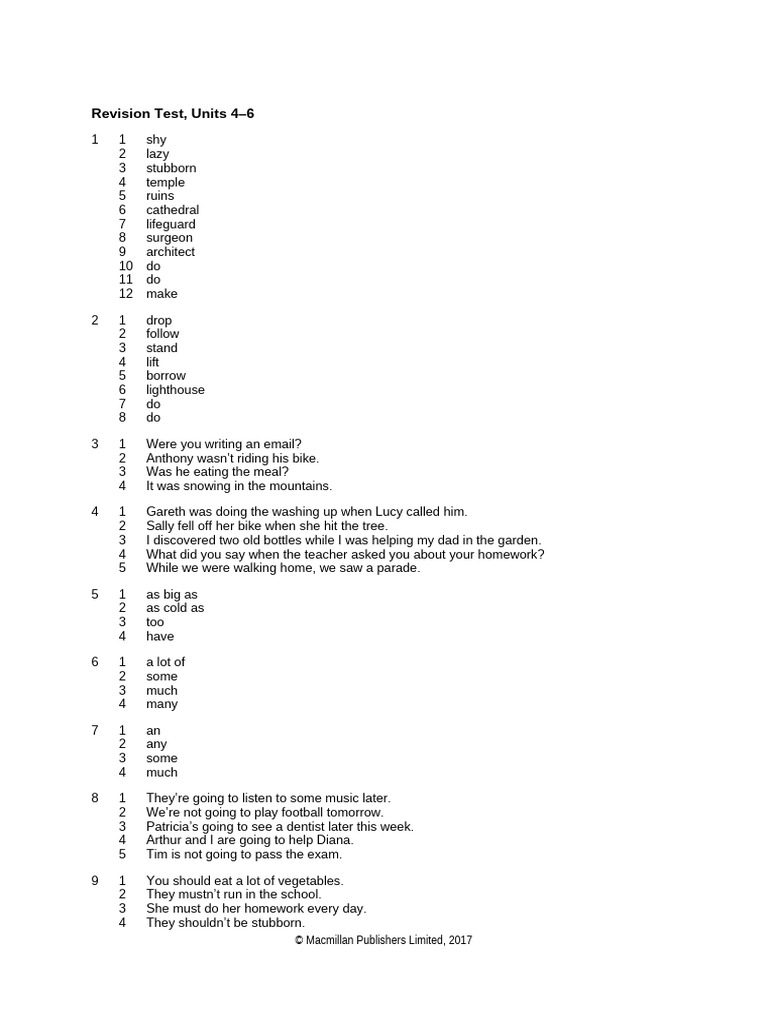 All Clear 6th Grade Revision Test Units 4 - 6 Answer Key | PDF ...