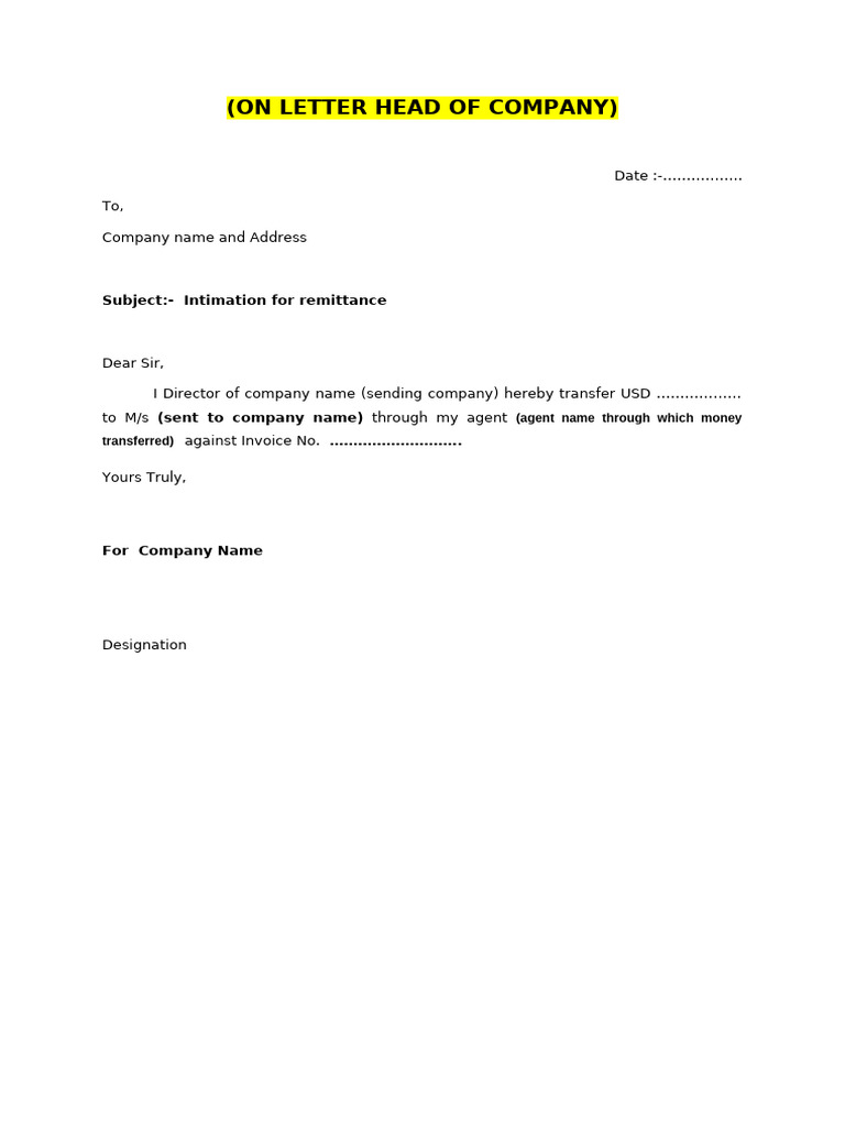 Money Transfer Intimation Letter Sample | PDF | Law