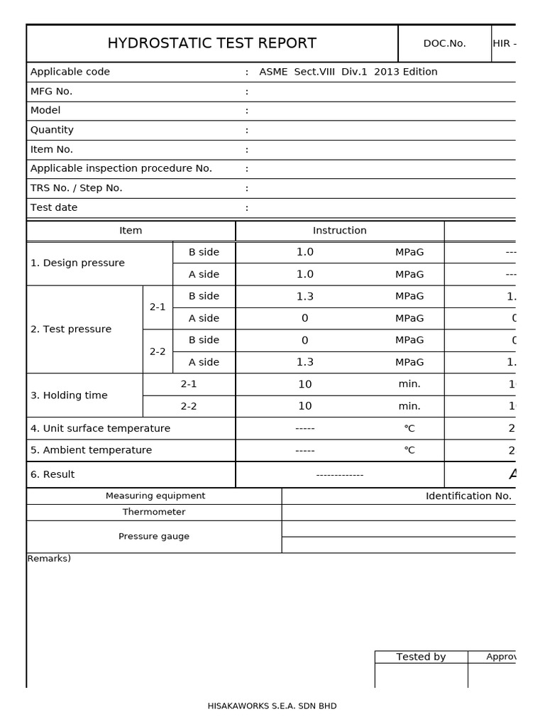 Hydrostatic Test Summary | PDF | Physical Quantities | Metrology