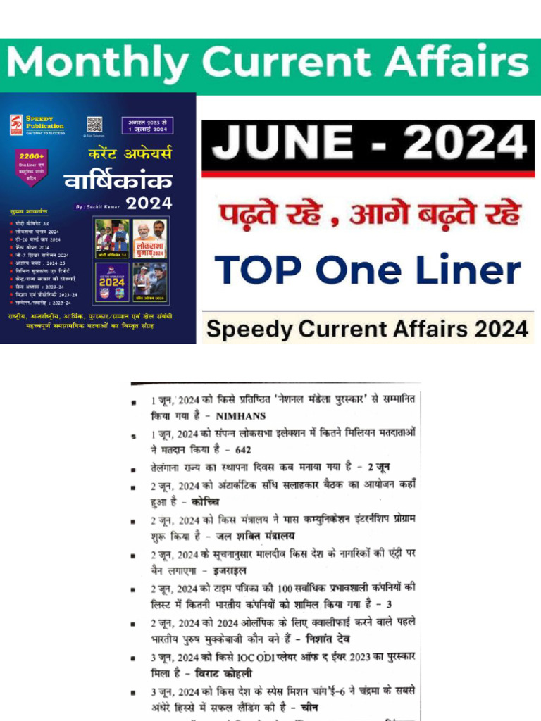 JUNE 2024 Current Affairs Speedy One Liner | PDF