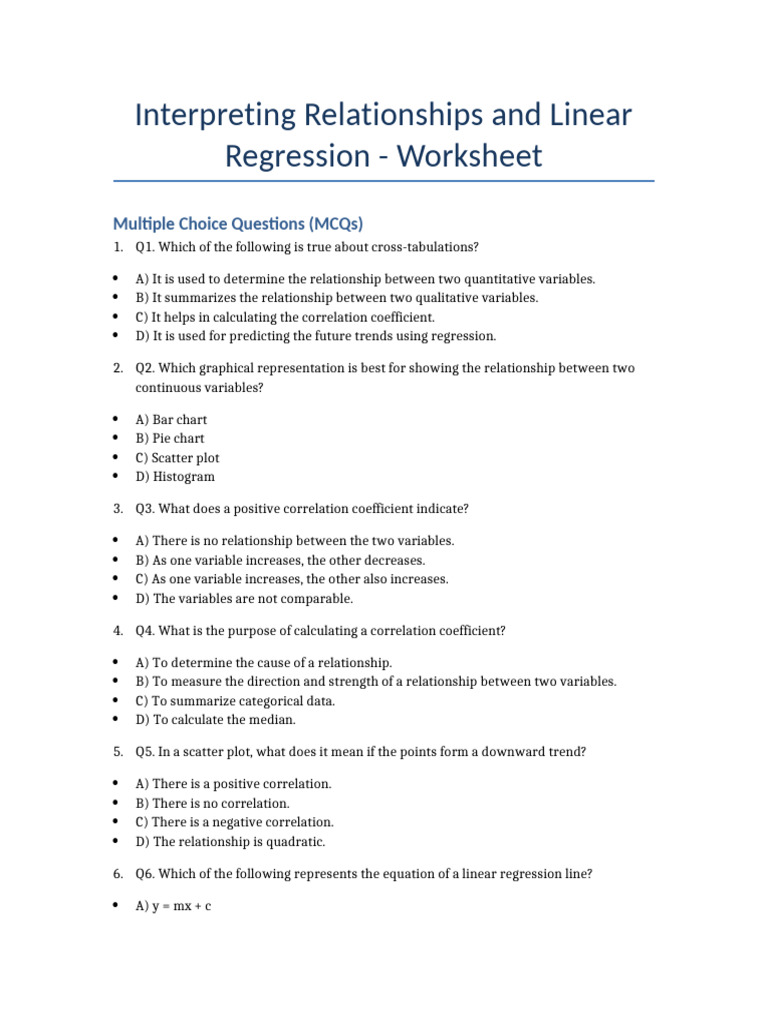 Interpreting Relationships Worksheet | PDF | Regression Analysis ...