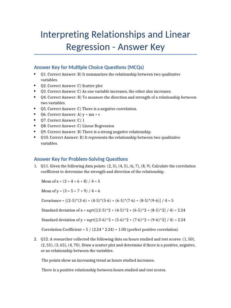 Interpreting Relationships Answer Key | PDF | Linear Regression | Data ...