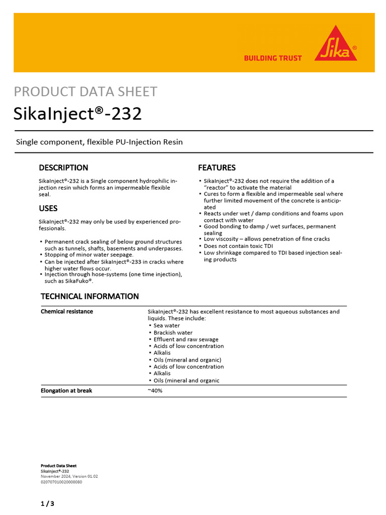 pds-sikainject-232 | PDF | Water | Polyurethane