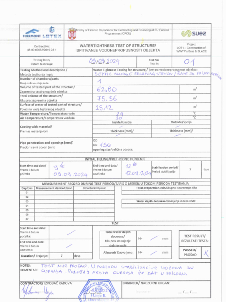 Blace - Watertightness Test of Structure - Septic Sludge Receiving ...