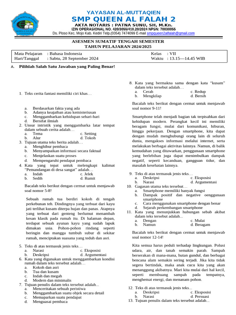 Asts B. Indonesia Kelas 7 2024-2025 | PDF