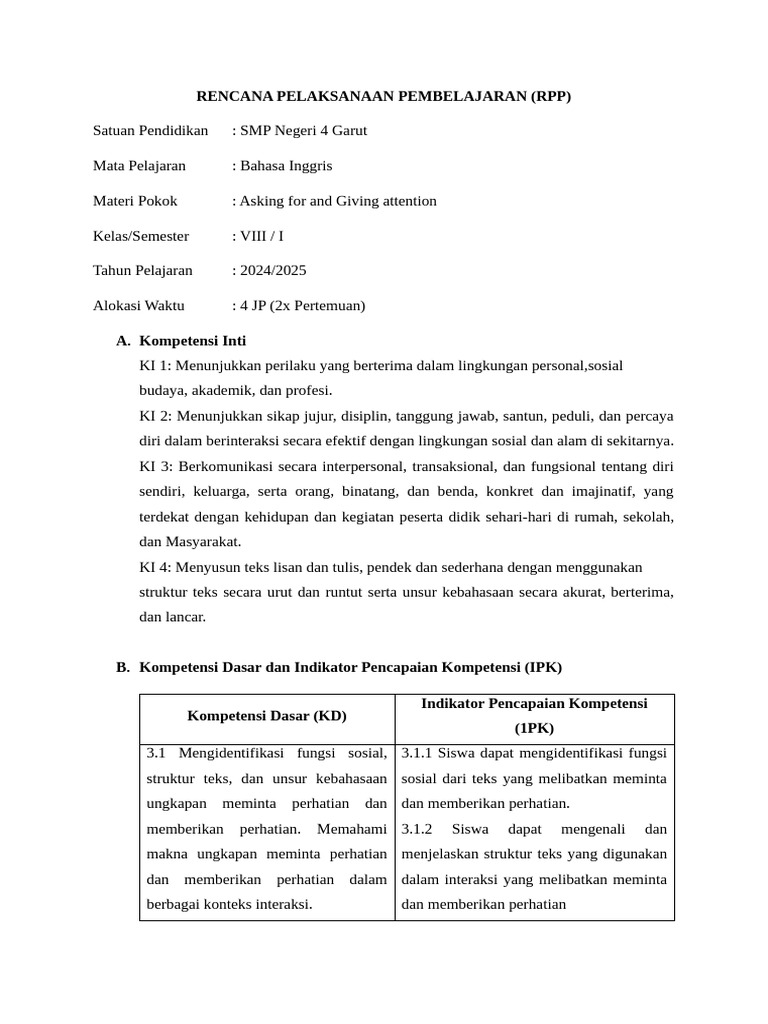 RPP - Ujian PLP - Asking For and Giving Attention. Fixxx | PDF