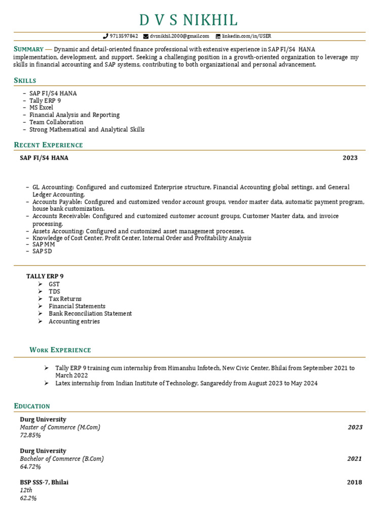 Nikhil SAP and Tally Resume | PDF | Enterprise Resource Planning | Accounting