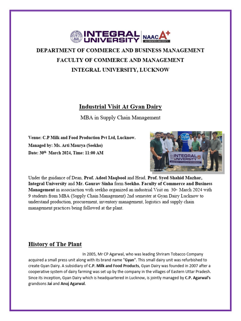 Gyan Dairy Industrial Visit Report | PDF | Food Industry | Dairy Products