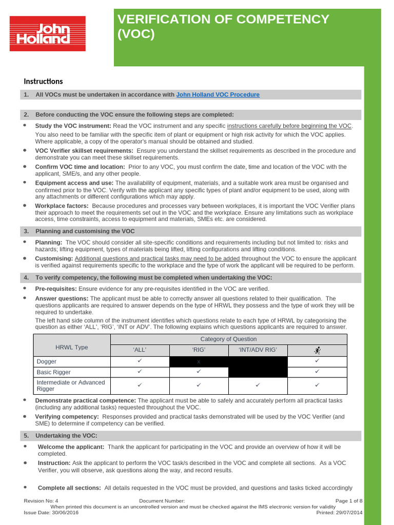 JH FRM Pae 005 05 Verification of Competency Voc Dogger Rigger | PDF ...