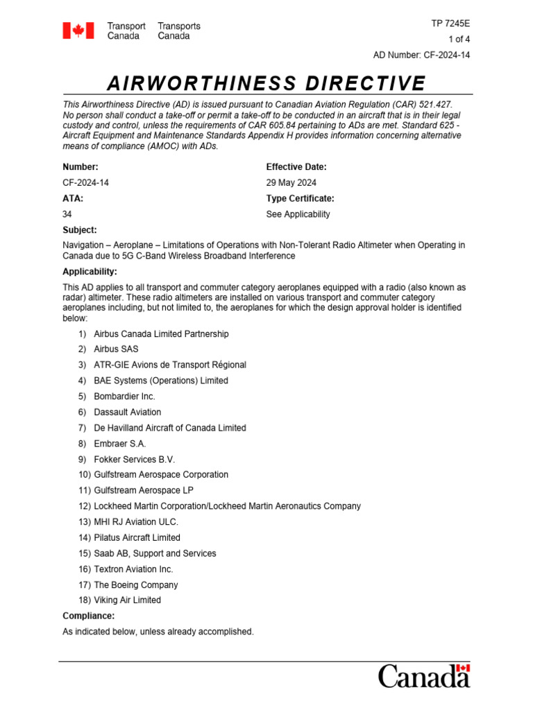 Airworthiness Directive: Number: Ata: Effective Date: Type Certificate ...