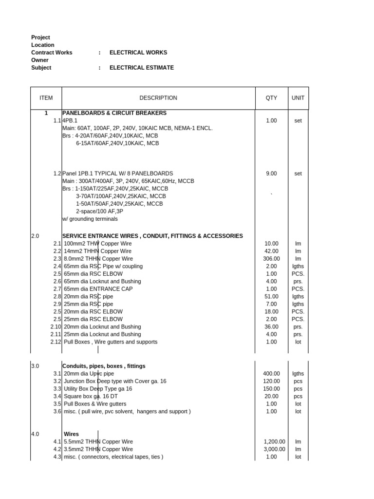 james pangi ee estimate | PDF | Wire | Electrical Engineering