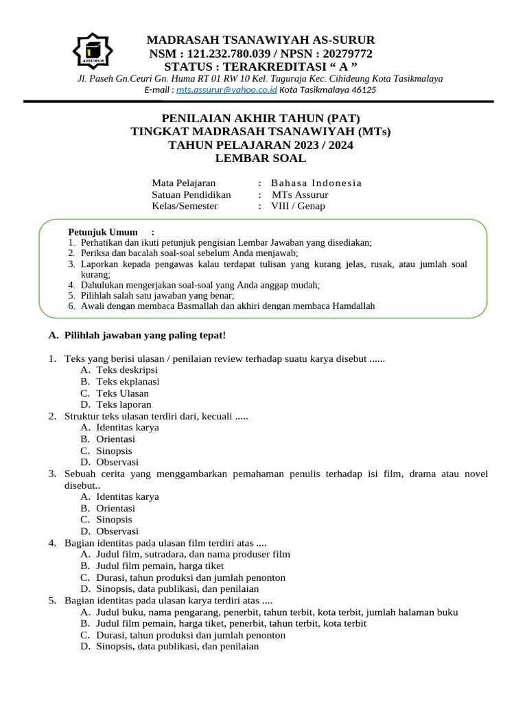 Soal Pat Bindo Kls 8 2023-2024 | PDF | Kajian Bahasa Asing