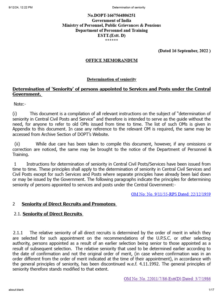 Seniority Guidelines for Central Services | PDF | Government