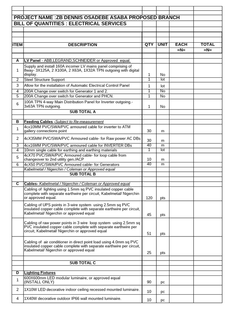 Tender Bill For Proposed Dennis Osadebe | PDF | Machines | Power Engineering