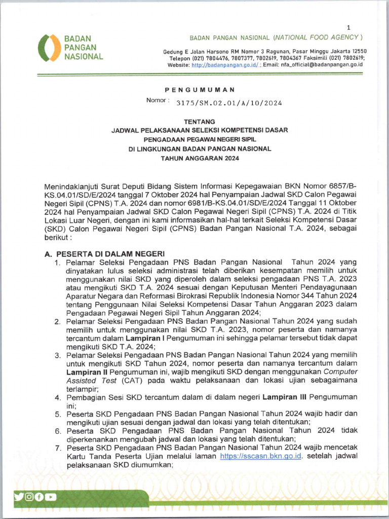 Pengumuman Jadwal Dan Lokasi SKD CPNS Badan Pangan Nasional 2024 - OK - Final | PDF