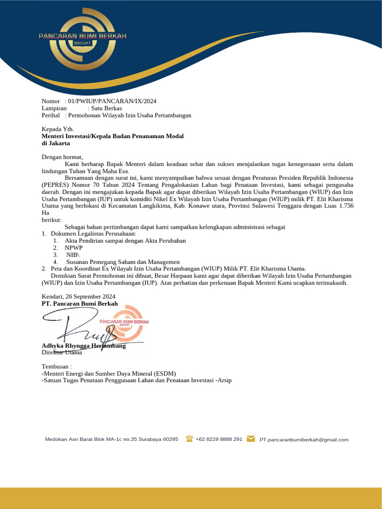 SURAT PERMOHONAN WIUP PT. Pancaran | PDF
