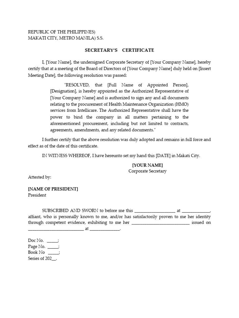 Sample Template of Sec Cert - Intellicare (New) | PDF