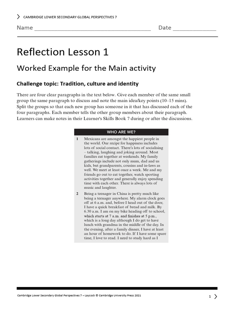 Reflection Lesson 1 Worked Example For The Main Activity | PDF