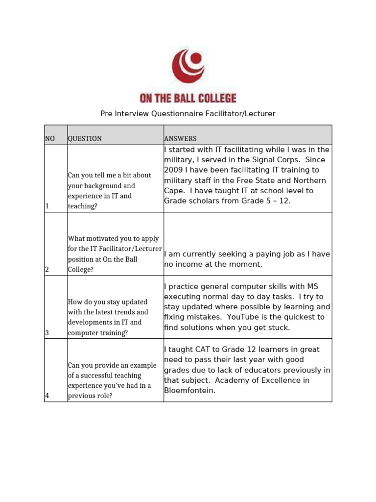 Facilitator Pre Interview Questionnaire | PDF | Learning | Critical Thinking