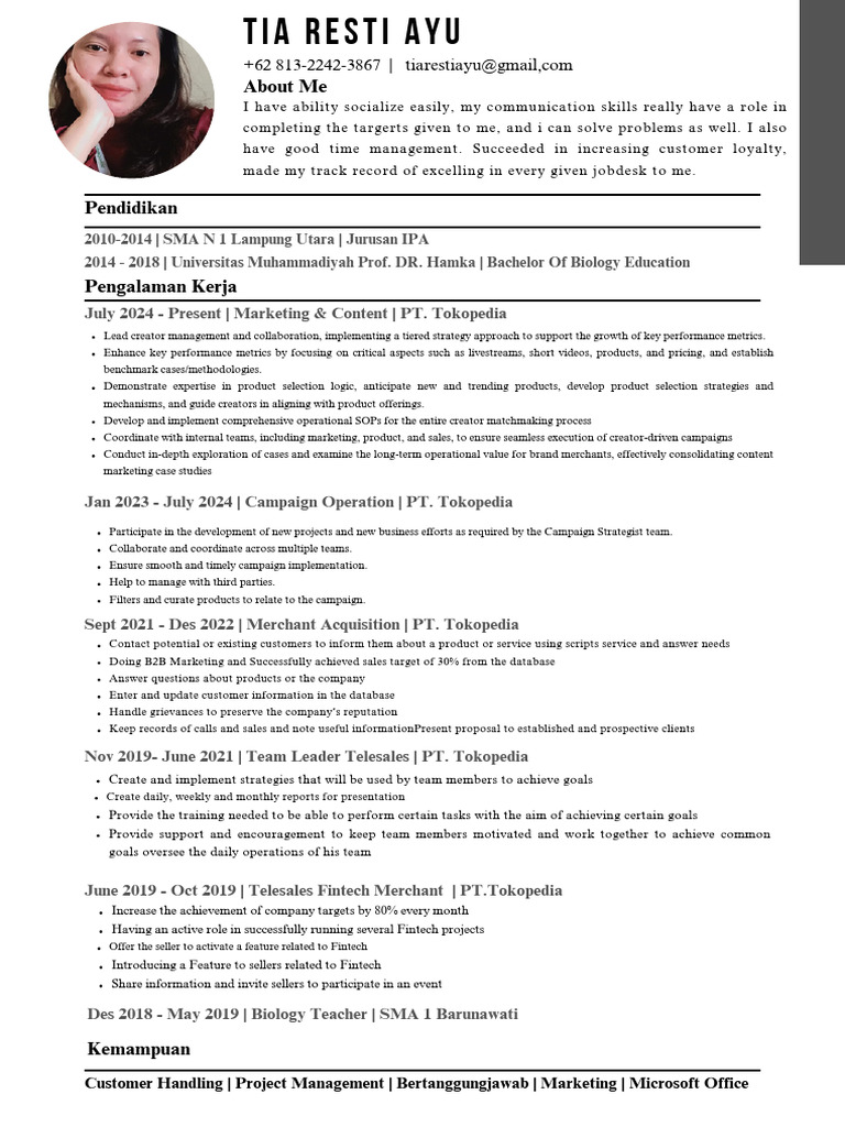 CV Tia Resti Ayu - PDF (Updated) | PDF | Sales | Marketing