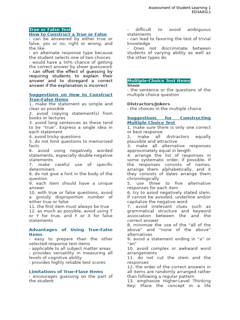 How To Construct A True or False | PDF | Multiple Choice | Cognition