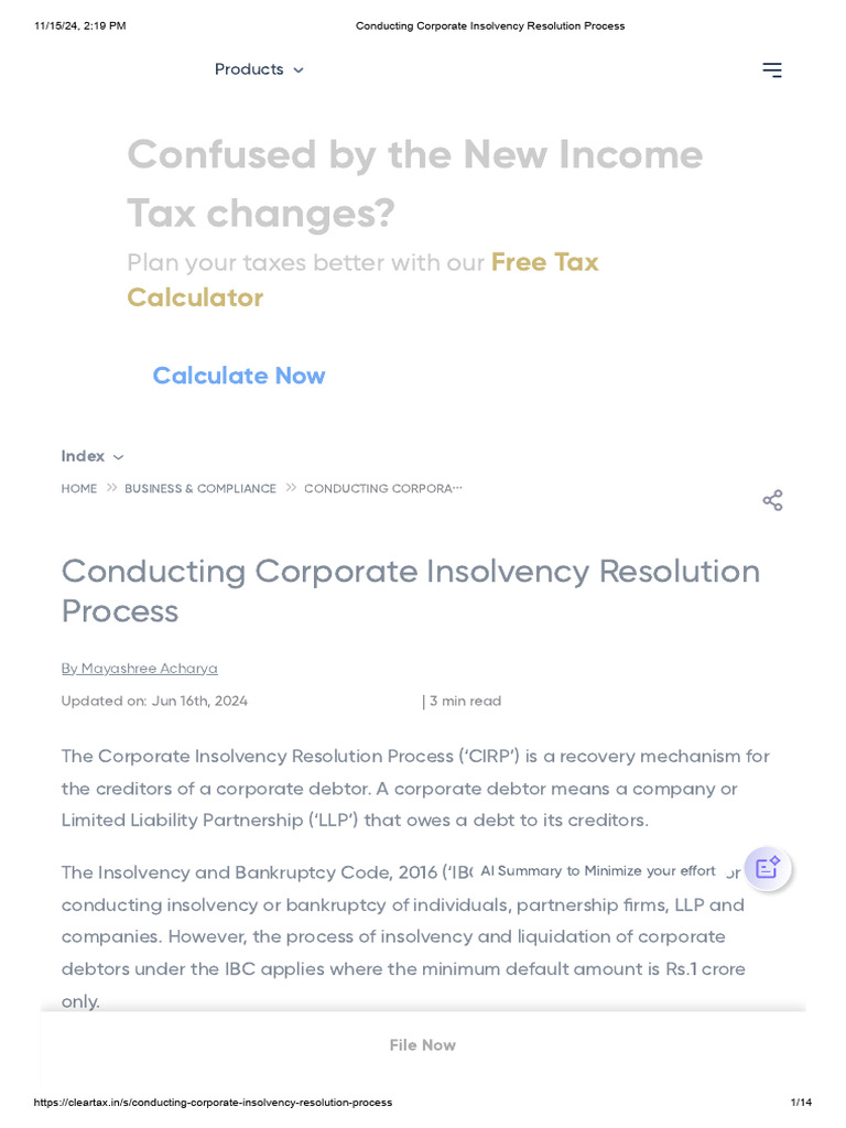 Conducting Corporate Insolvency Resolution Process | PDF | Bankruptcy ...